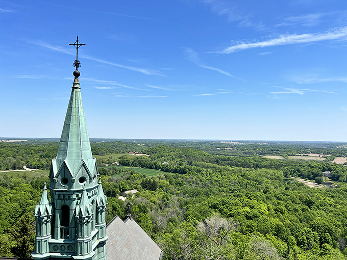 From one spire, visitors can see the verdant Wisconsin countryside stretching to the horizon, a patchwork of farms and forests.