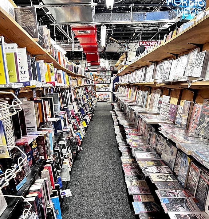 Every aisle offers a new adventure, with magazines and books competing for attention in this print paradise.