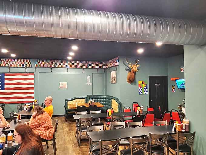 American flags, mounted trophies, and tables ready for sauce-stained fingers &ndash; the perfect setting for serious barbecue business.