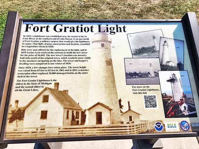 This informational board traces the lighthouse's evolution from its 1825 origins through various renovations, including the tower height increase in 1862.