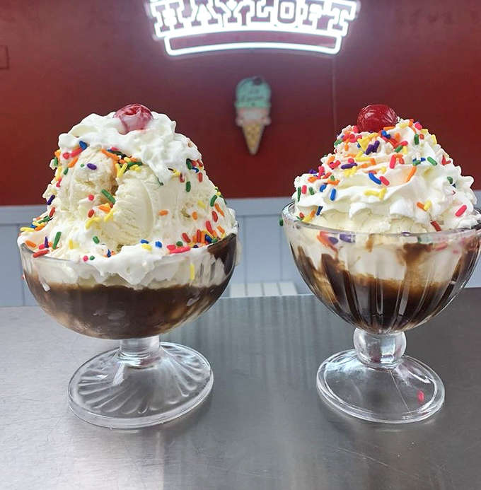 Hot fudge cascading down vanilla mountains with whipped cream clouds &ndash; this sundae isn't just dessert, it's a topographical masterpiece.