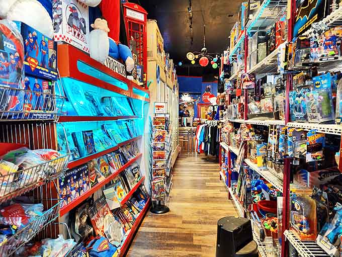 The merchandise section offers everything a Superman fan could want, from vintage comics to modern collectibles, all organized in displays that would make even the Fortress of Solitude jealous.