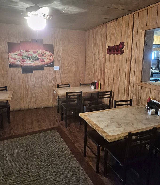 Wood-paneled walls and simple furnishings create the backdrop for countless memorable meals at T-Moe's, where the focus stays squarely on food and fellowship.