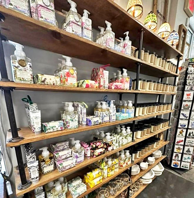Beautifully packaged soaps and lotions line industrial-chic shelving. Self-care products that look as good on your counter as they feel on your skin!