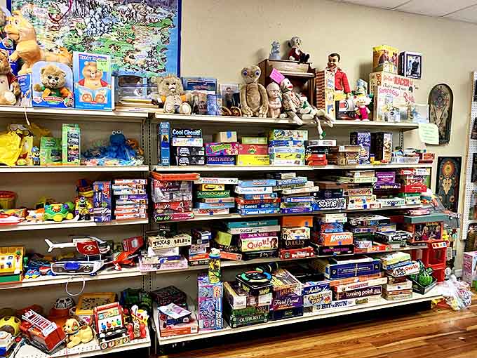 Board games stack toward the ceiling, each box containing not just cardboard and plastic pieces, but memories of family game nights.