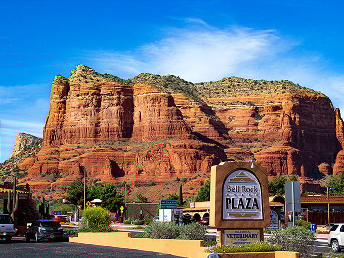 Bell Rock Plaza serves as the village hub, where everyday errands happen against a backdrop that most shopping centers can only dream about.