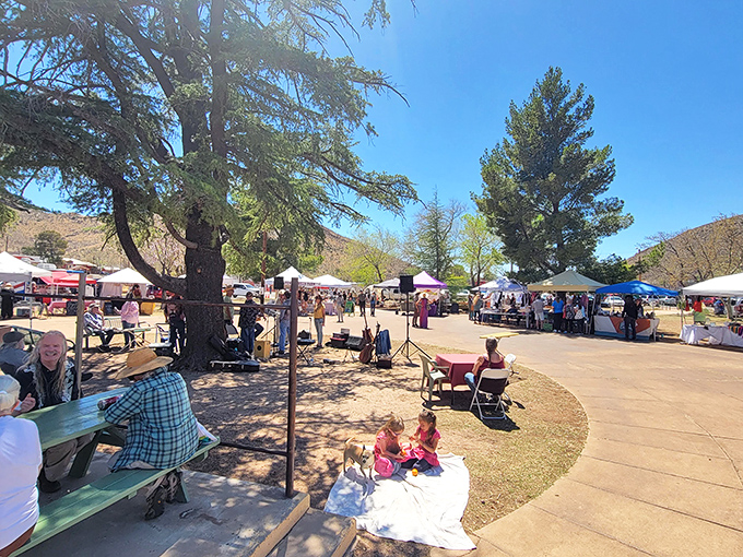 The Community Market gathers local artisans and farmers under shady trees, creating a vibrant social hub where visitors mingle with locals over fresh produce and handcrafted goods.