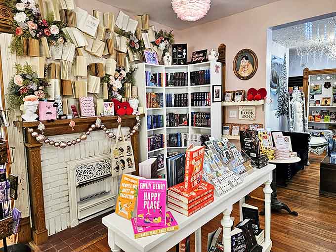 Books bloom into floral art above the mantel, proving that literature and beauty grow from the same creative soil.