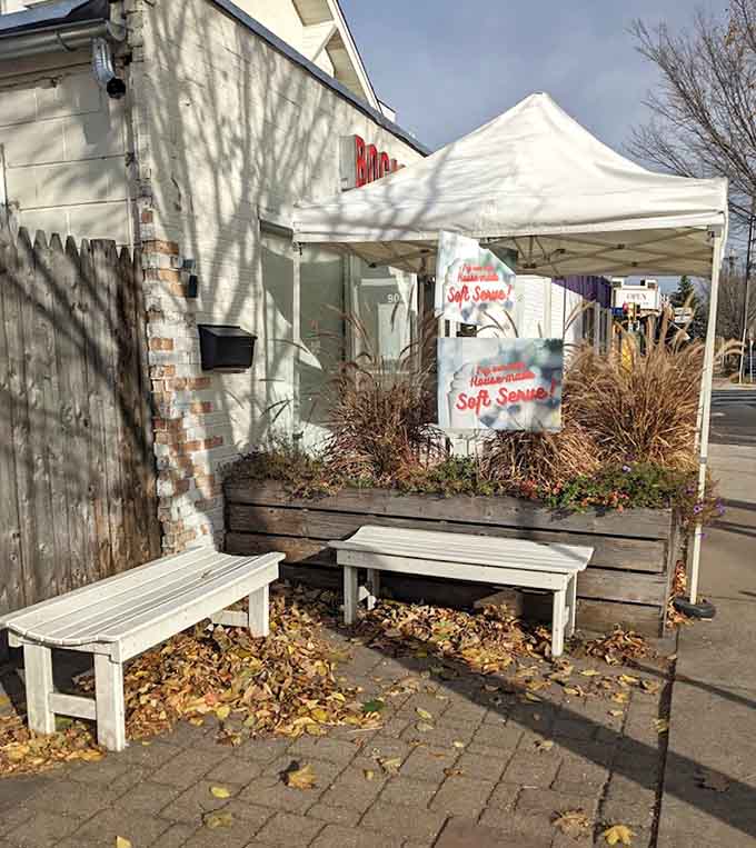 Those outdoor benches are perfect for contemplating life's big questions, like whether to get another donut.