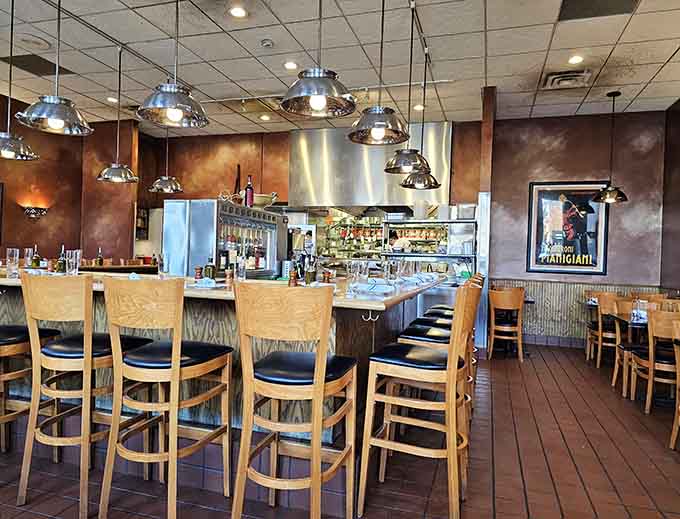 The bar area invites you to settle in with a glass of Italian wine while your pasta dreams come true.
