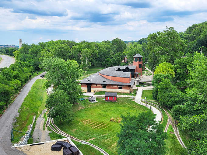 This aerial view captures Carillon Historical Park's thoughtful layout, where buildings from different eras create a neighborhood where time is the only thing that doesn't exist.
