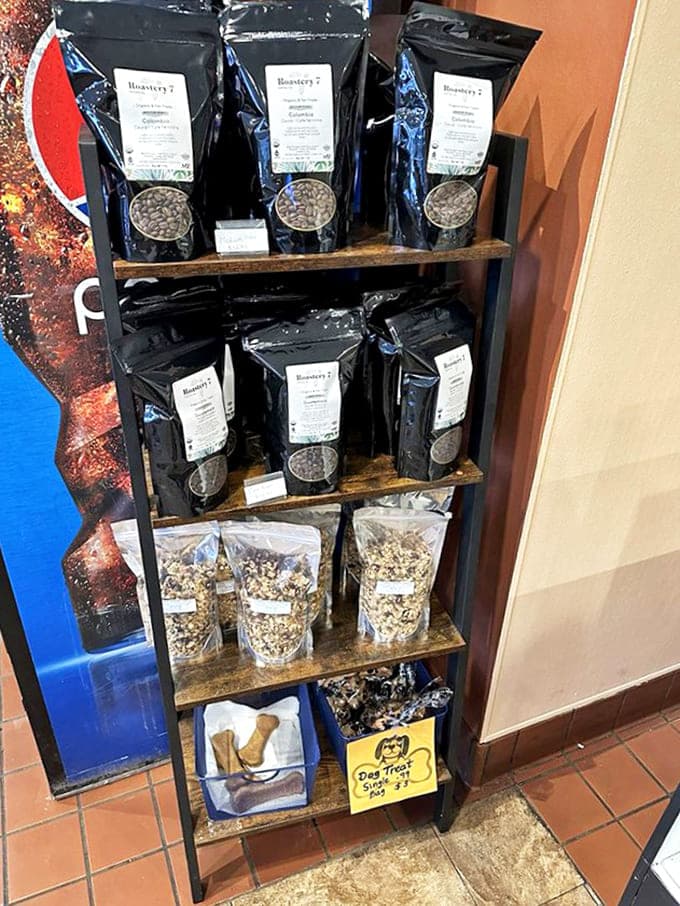 Local treasures on display &ndash; artisanal coffee and homemade granola sharing shelf space with treats for four-legged friends.