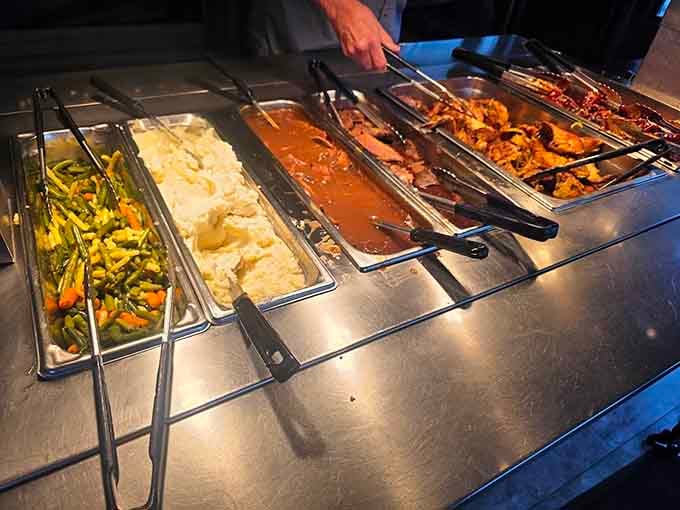 The buffet setup keeps food fresh and hot, offering variety for indecisive diners or anyone who believes more is more.