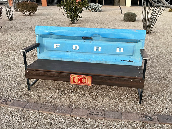 This clever bench, fashioned from a vintage Ford tailgate, offers weary sign-gazers a perfect spot to rest while remaining immersed in the Americana aesthetic.