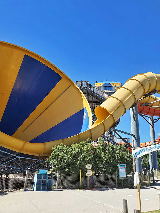 The Cyclone water slide's yellow and blue curves promise riders a stomach-dropping adventure that ends with an inevitable splash.