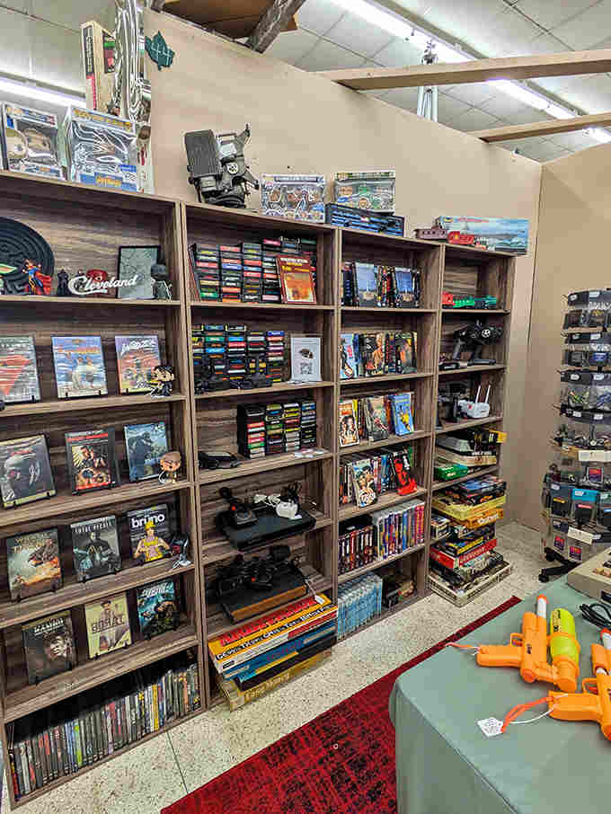 The media section is a nostalgic goldmine where VHS tapes, vintage video games, and forgotten formats await collectors and pop culture enthusiasts.