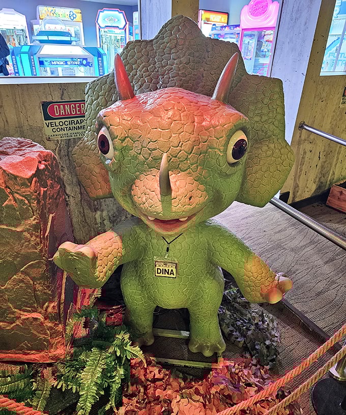 Meet "Dina," the friendly dinosaur mascot who greets visitors and poses for photos throughout the museum.