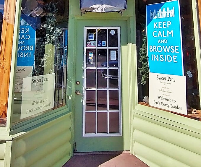"Keep Calm and Browse Inside" &ndash; the welcoming entrance invites visitors to leave the outside world behind and enter a literary sanctuary.