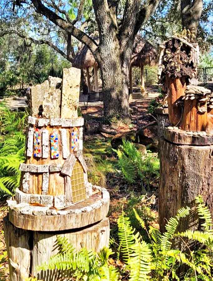 Fairy houses crafted from natural materials hide among ferns, delighting visitors who still believe in magic – or at least in creative recycling.