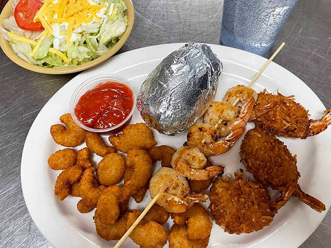 Golden fried shrimp that snap when bitten, never greasy, alongside crispy tater tots that put frozen versions to absolute shame.