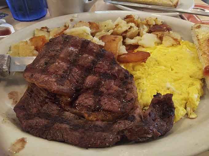 When you need serious protein, this steak and eggs combination arrives ready to fuel whatever ambitious plans you've got today.