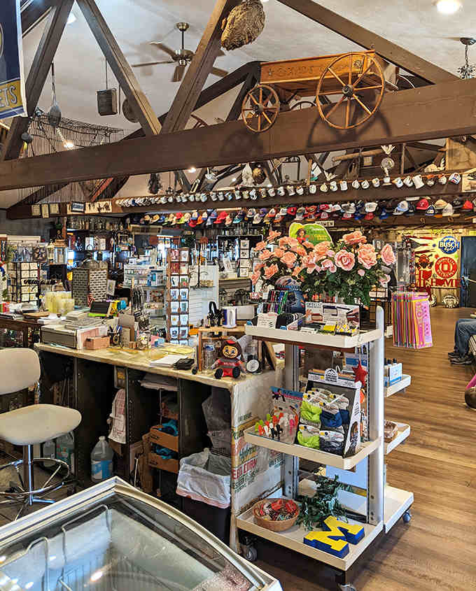 A wonderland of souvenirs and local crafts awaits in the gift shop, where ceiling beams display decades of collected memories.