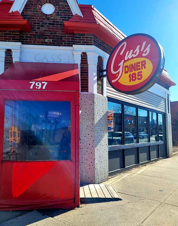 The classic diner exterior with its distinctive red awning makes Gus's Diner impossible to miss once you know where to look.