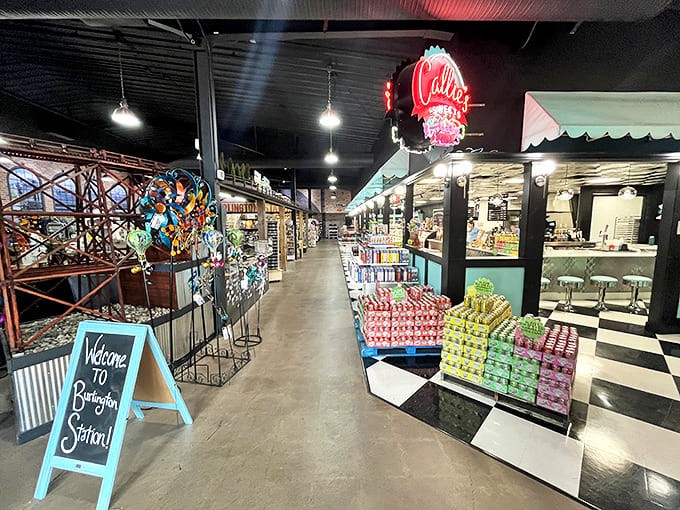 This welcoming hallway invites exploration, with the neon Callie's Sweets sign beckoning visitors toward sugary adventures.
