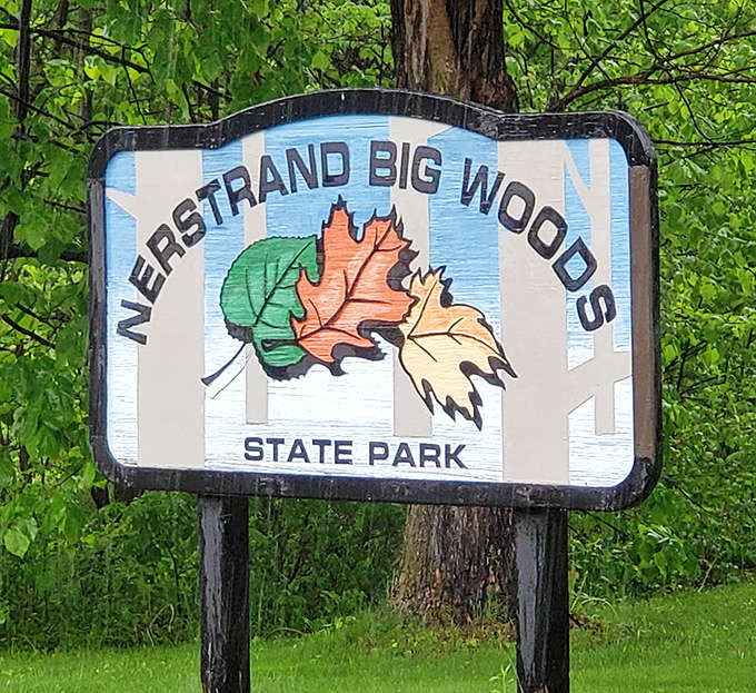 The park sign welcomes visitors with colorful leaf designs &ndash; nature's equivalent of rolling out the red carpet.