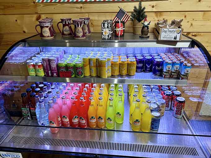A rainbow of beverages fills the cooler, offering everything from classic sodas to more adventurous options for the thirsty explorer.