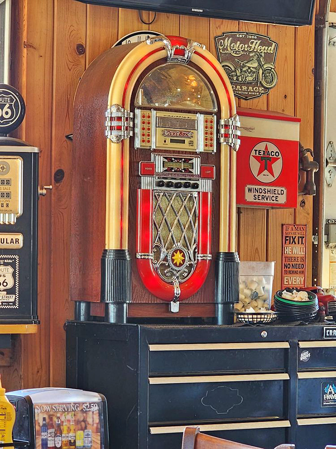 Even more vintage signs and retro seating options, proving every angle of this place delivers maximum visual charm.