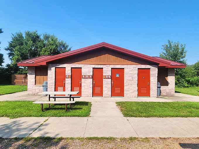 Modern restrooms in a state park prove that nature and civilization can coexist, especially when bladders are involved.