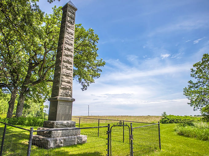 The Lake Shetek Monument stands tall against prairie skies, marking history and honoring those who came before us.