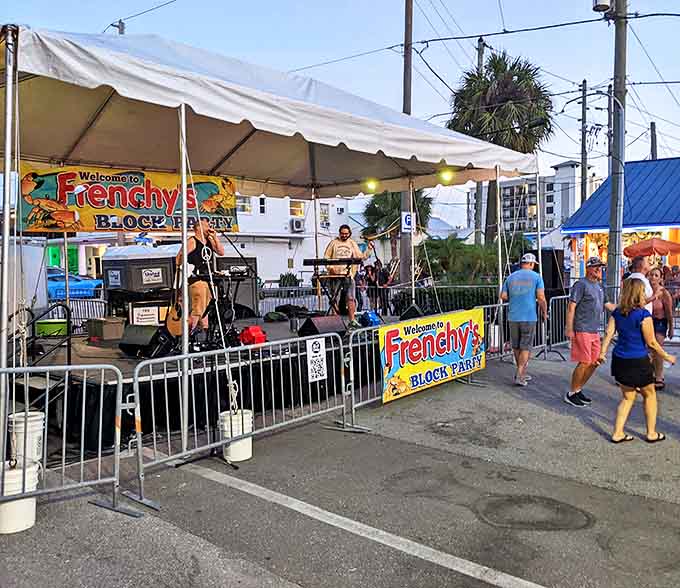 Frenchy's Block Party transforms the parking lot into a community celebration, where live music and fresh seafood bring locals and visitors together.