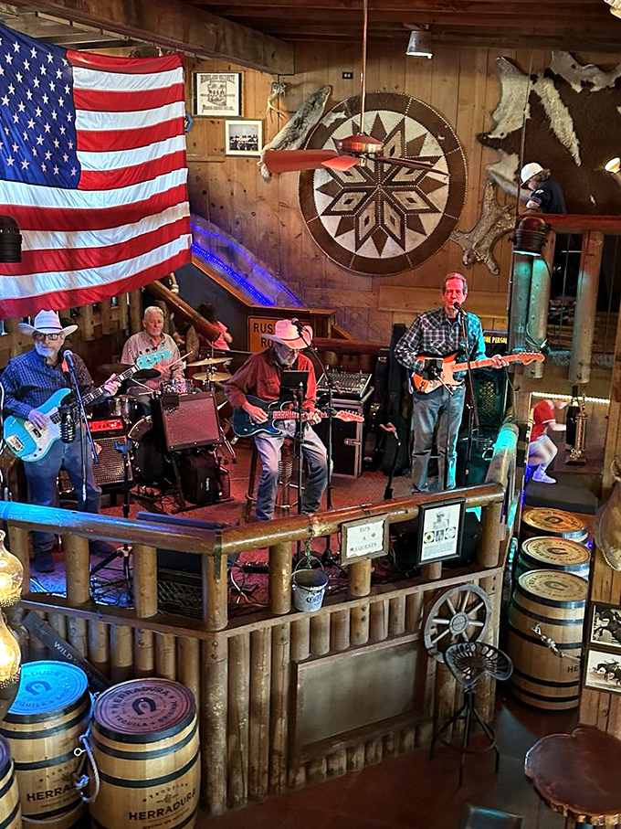 Live music turns dinner into a hoedown, with talented musicians strumming away beneath American flags and Western stars.