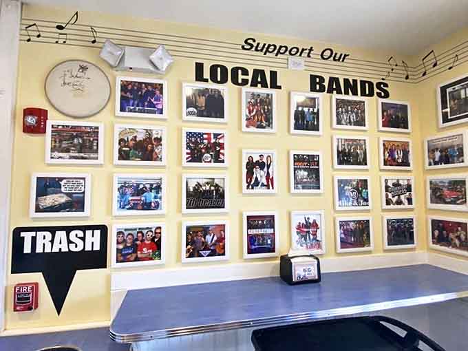 The local bands wall celebrates community musicians, proving that Big Ange's is about more than just food, it's about supporting neighbors.