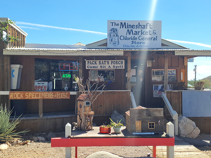 The Mineshaft Market combines general store necessities with frontier charm, inviting visitors to "sit a spell" on Pack Rat's Porch after exploring the town.