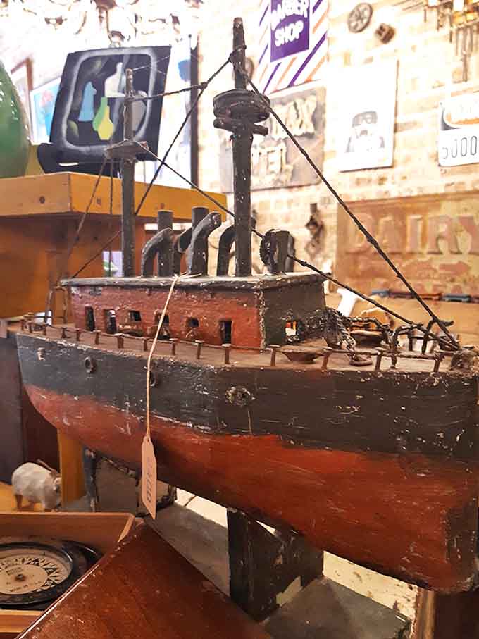 This model steamship sailed only in imagination, but its craftsmanship tells tales of patient hands and meticulous attention to nautical detail.