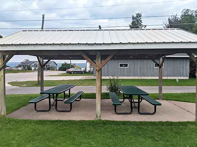 Outdoor dining: A covered picnic area provides the perfect spot to enjoy your pasty while soaking in Michigan's natural beauty.