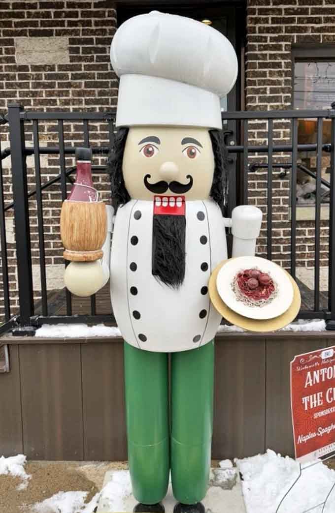 Even the nutcracker chef outside knows what's up, proudly displaying a plate of the spaghetti that made this place famous.