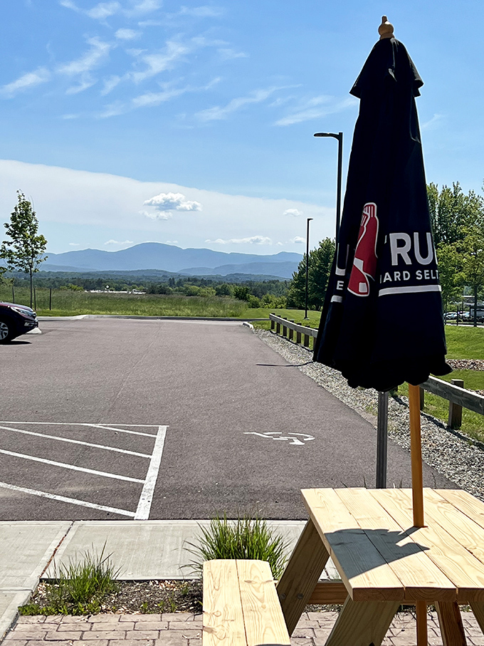 The outdoor seating area offers mountain views that no interior designer could improve upon &ndash; nature's dining room at its finest.