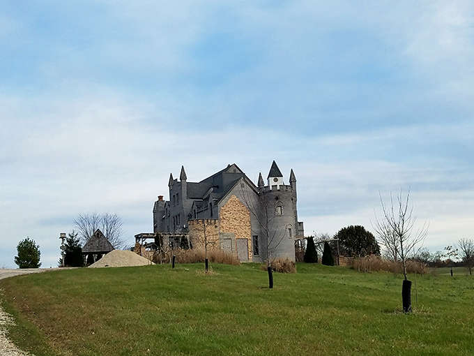 Ravenstone's silhouette against the open sky creates a striking contrast between medieval architecture and rural American landscape.