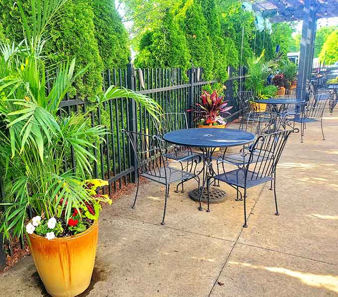 The outdoor patio offers al fresco dining surrounded by greenery, perfect for those gorgeous Ohio evenings we treasure so much.