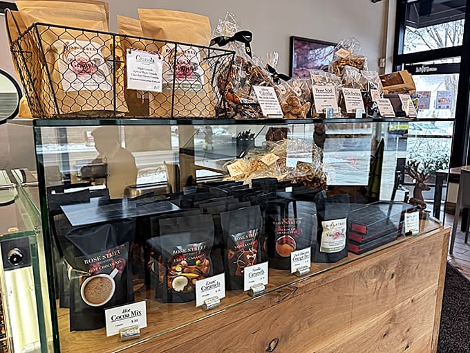 Packaged treats and coffee bags tempt you to take some of this pastry paradise home, though they probably won't survive the car ride.
