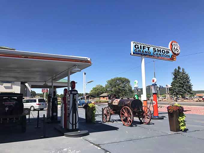 Pete's exterior captures that perfect mid-century gas station aesthetic, when even functional buildings had personality and architectural charm that modern stations completely lack.