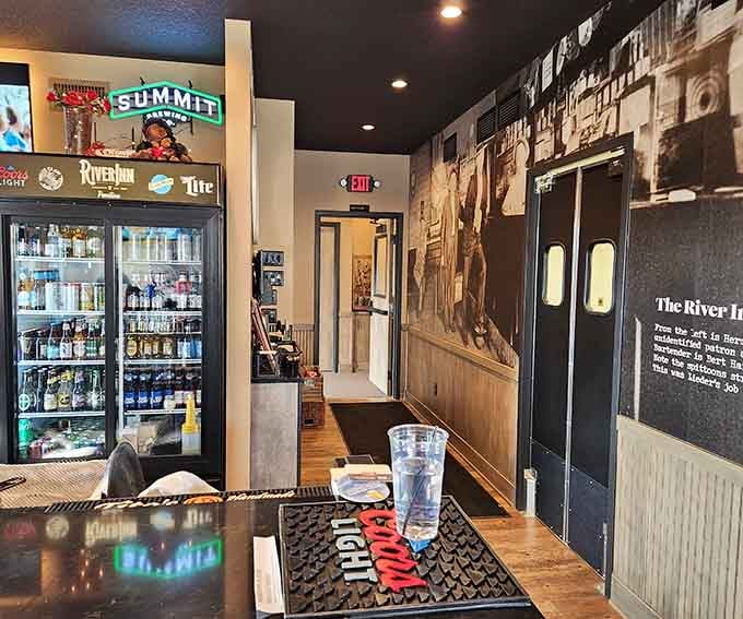 Even the exit looks welcoming at River Inn Bar & Grill, though you'll probably be planning your return before you leave.