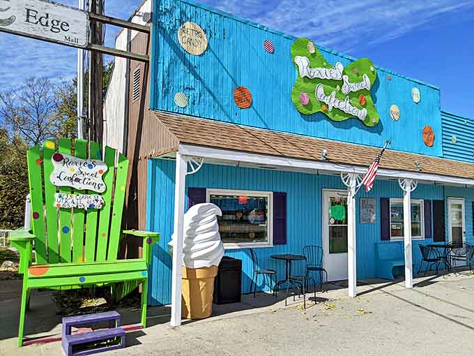 Roxie's Sweet Confections tempts passersby with colorful treats and that giant ice cream cone you can't miss.