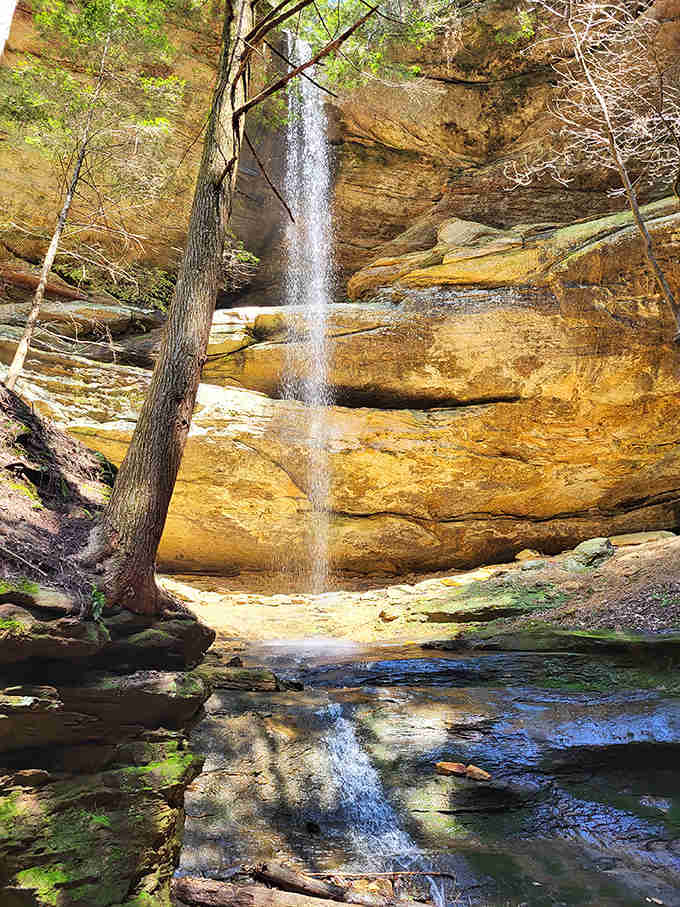 This hidden waterfall cascades down golden sandstone cliffs, creating a mesmerizing natural shower that catches sunlight like liquid diamonds.