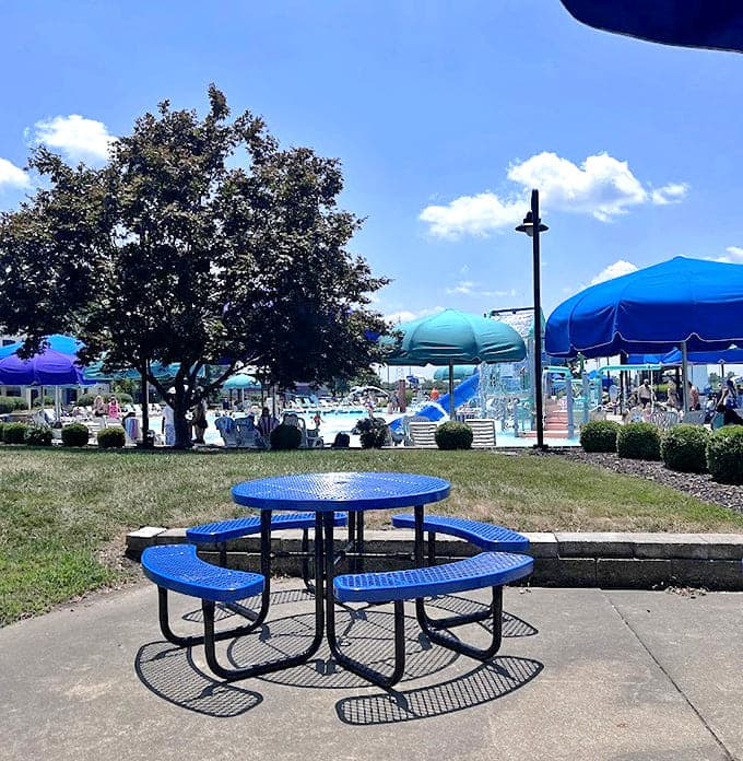 This peaceful seating area provides front-row views of aquatic merriment while offering a momentary escape from splashing.