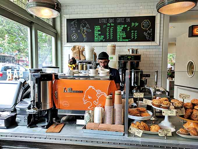 The coffee counter offers morning salvation with freshly baked pastries and expertly prepared beverages to kickstart your day the Little Goat way.